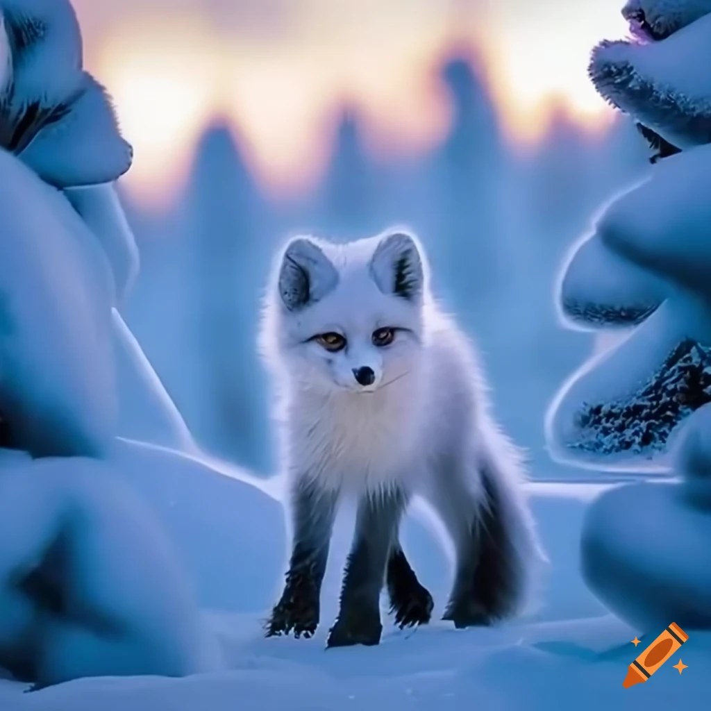 Serene snowy landscape with an arctic fox cub on Craiyon