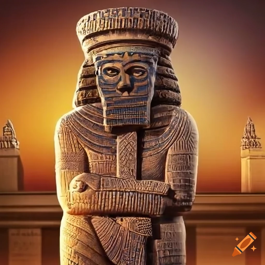 Babylonian God observing his idol with temple onlookers on Craiyon