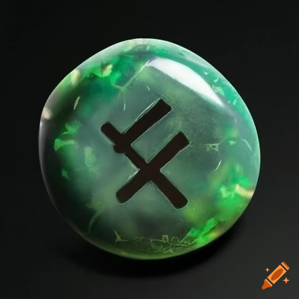 Green gemstone with engraved rune of life on Craiyon