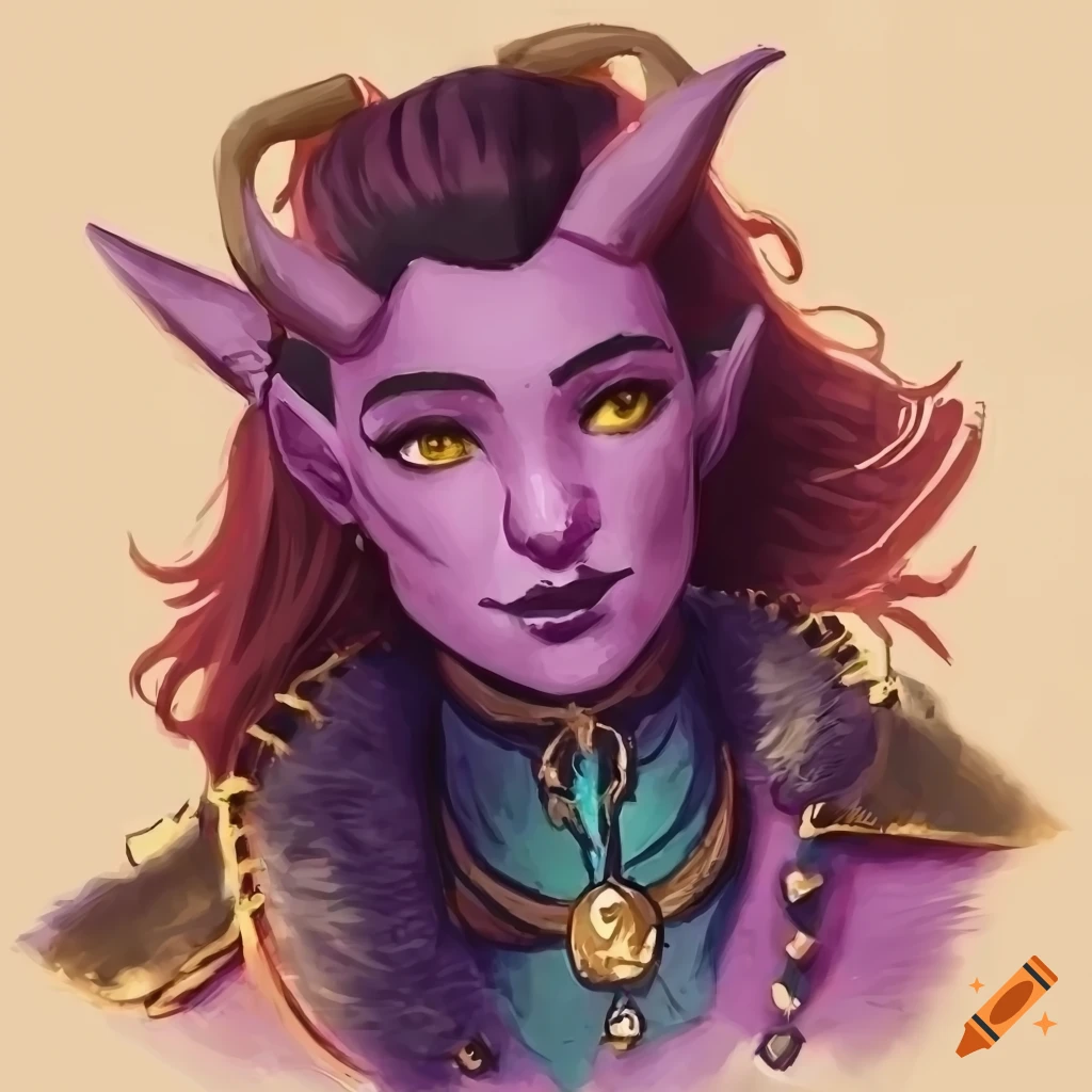 Portrait of a tiefling soldier bard with fur collar and spiked armor on ...