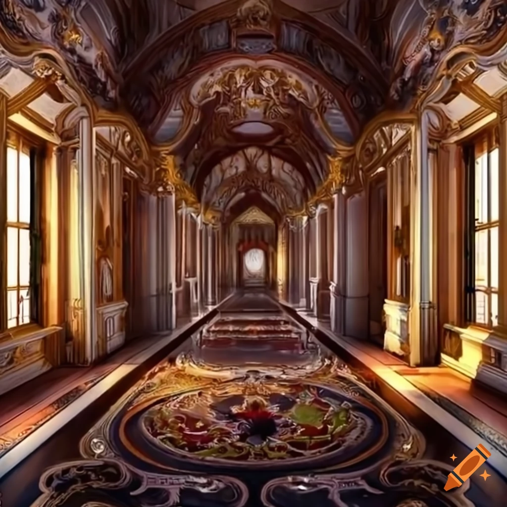 Anime palace hallway with realistic details on Craiyon
