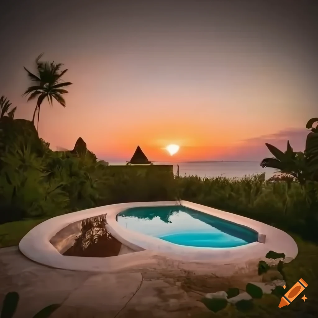 Sunset view from a minimalist adobe bungalow with a swimming pool on ...
