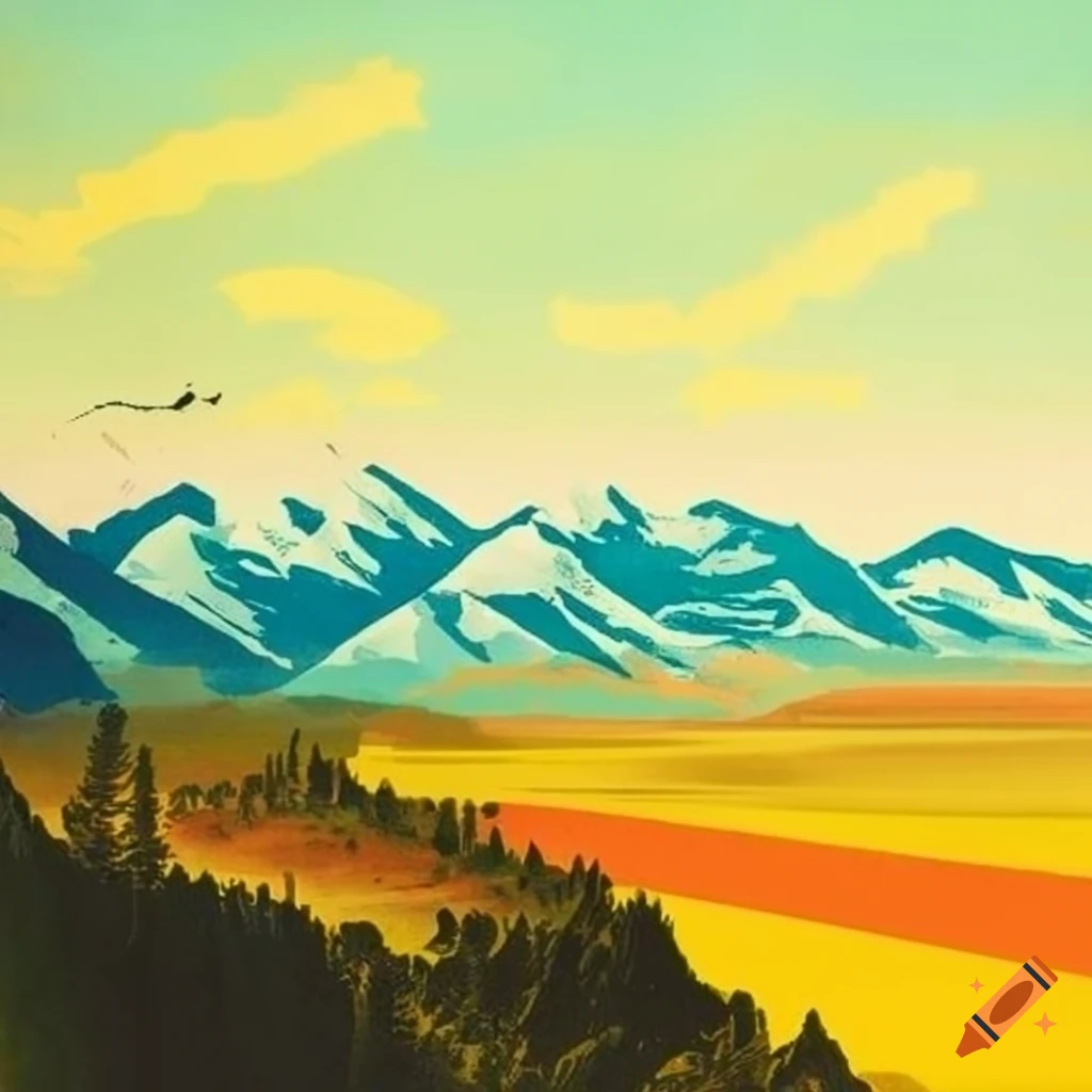 Vintage travel poster of rohan mountains and edoras on Craiyon