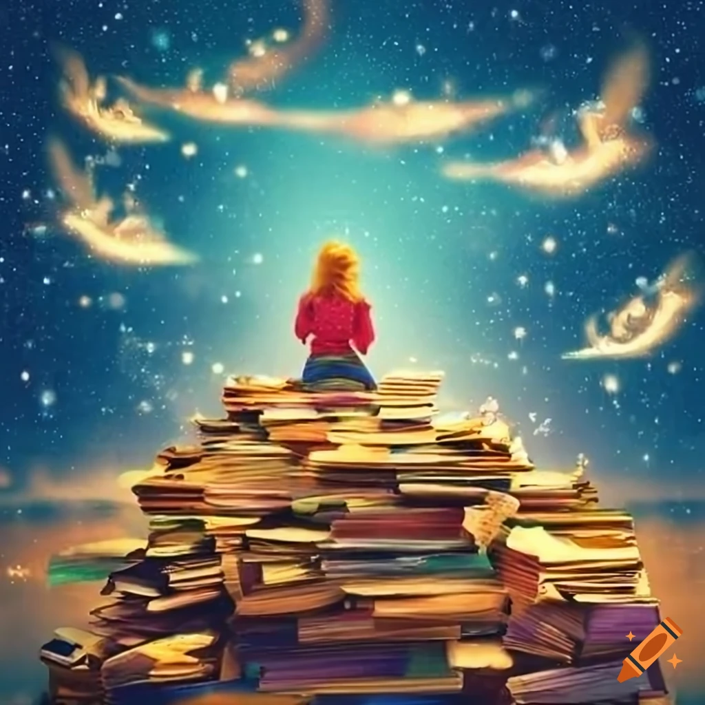 Golden-haired child sitting with magical books and city landscape on ...