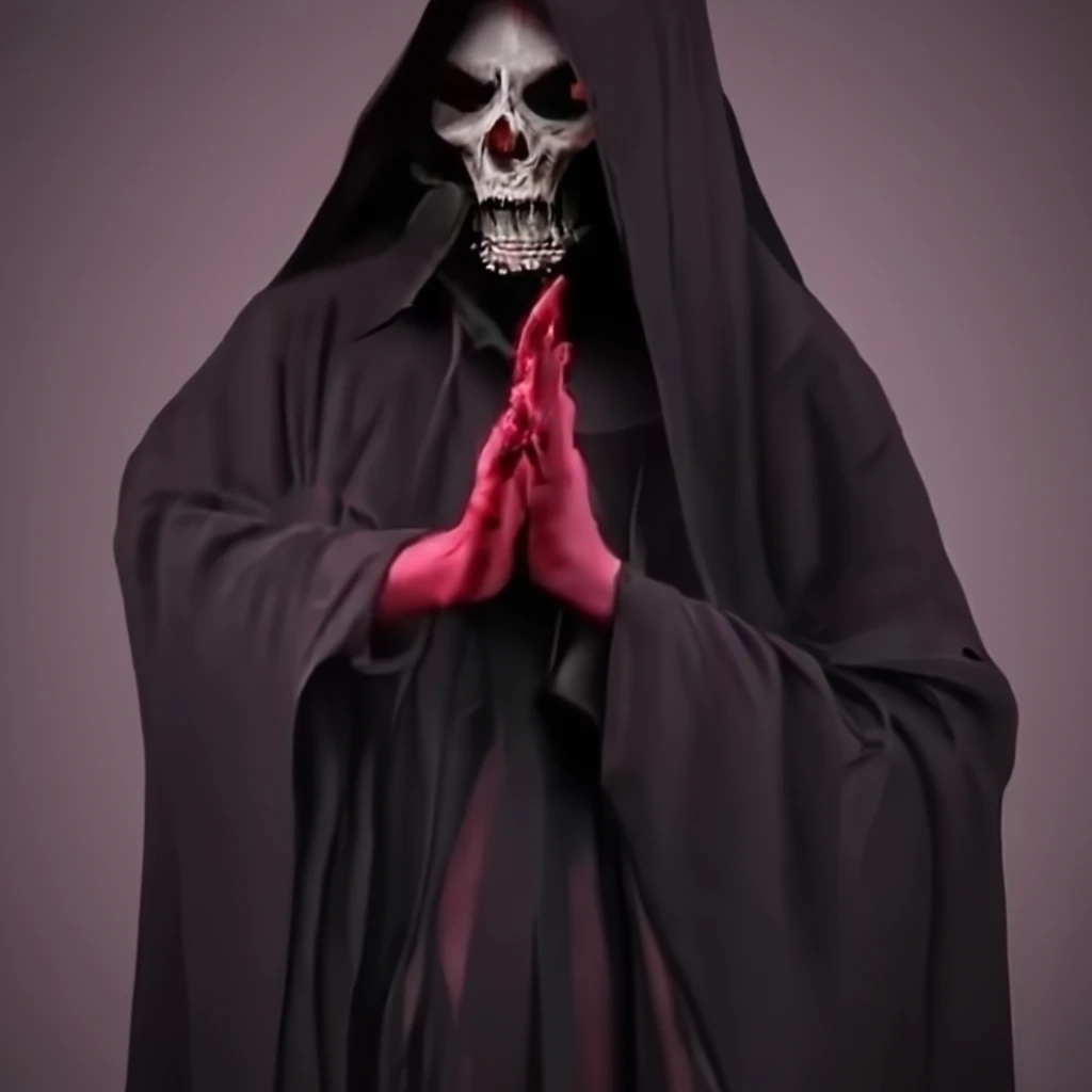Graphic of a reaper with a black veil and red mask