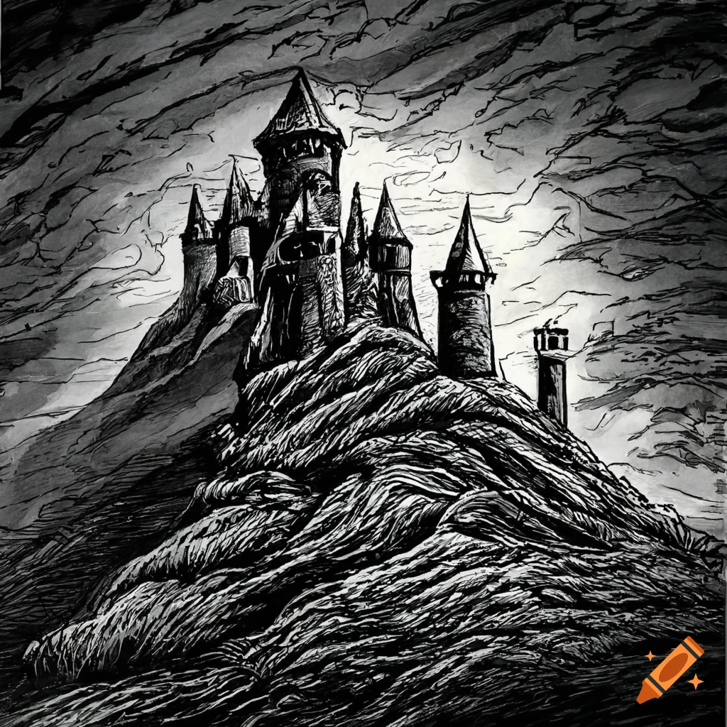 Pen-and-ink illustration of a creepy old castle on Craiyon