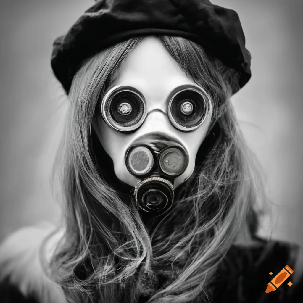 Monochrome portrait of a stylish parisian woman with a gas mask on Craiyon