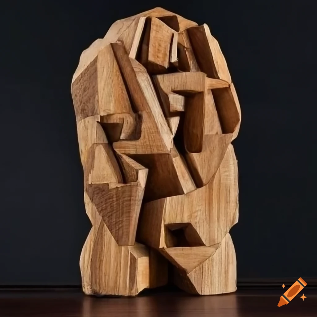 Cubist sculpture of ancient gods in rough wood on Craiyon