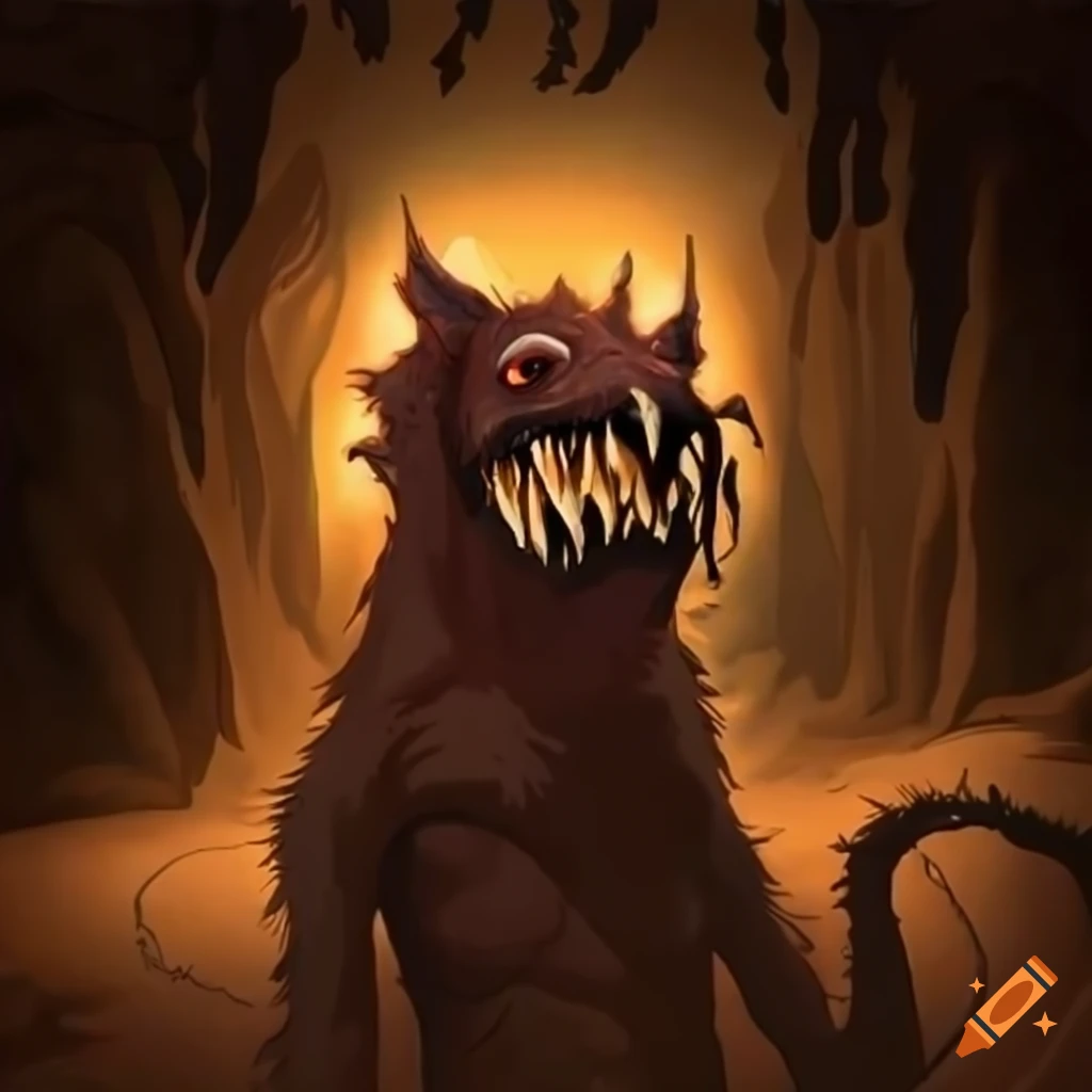 Illustration of a furry monster in a mysterious cave on Craiyon