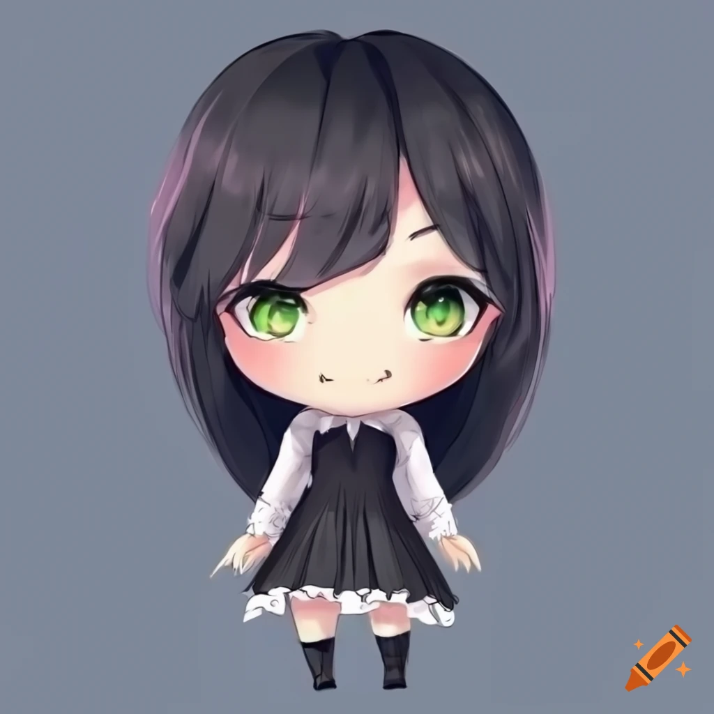 Chibi girl character with black hair and white dress on Craiyon