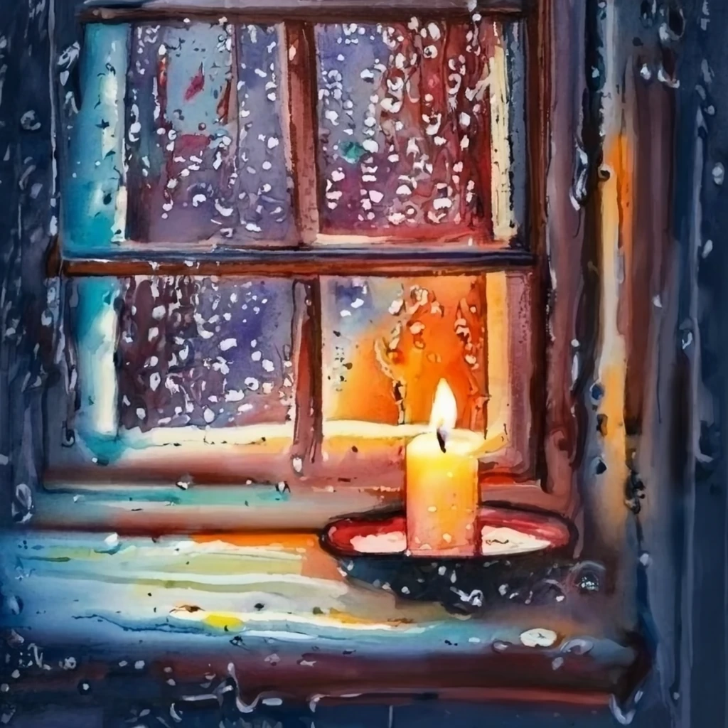 Watercolor painting of rain on wood frame window with candlelight on ...