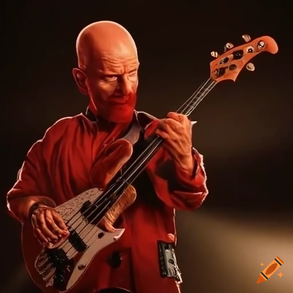 Image of Bryan Cranston with a red beard in a racecar playing bass ...