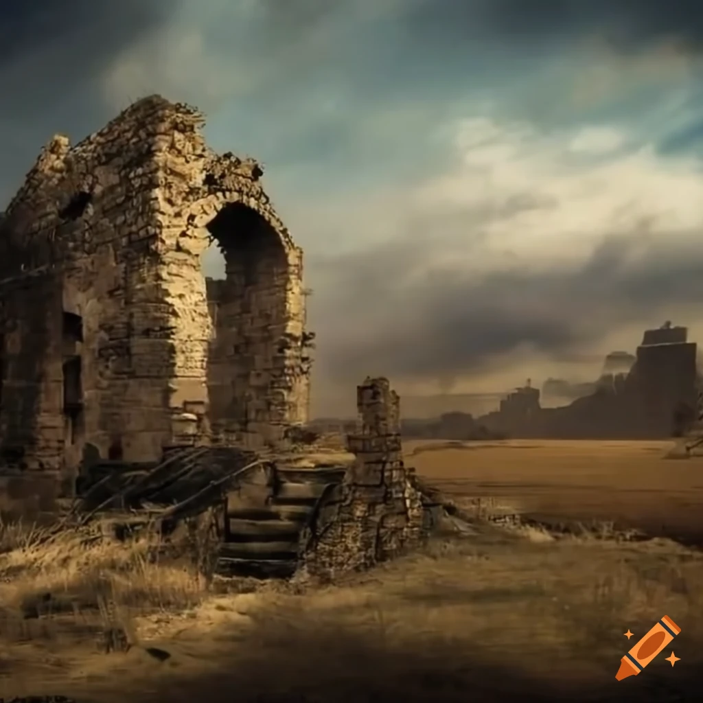 Ancient battlefield with crumbling ruins on Craiyon