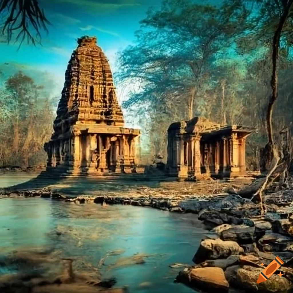 Ruins of ancient Hindu temples in a dried jungle on Craiyon