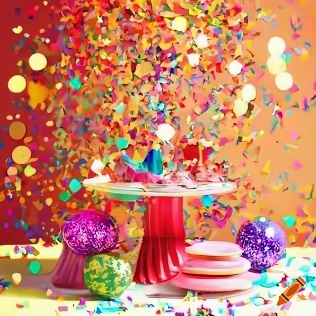 Colorful decorations and confetti at a festive gathering on Craiyon