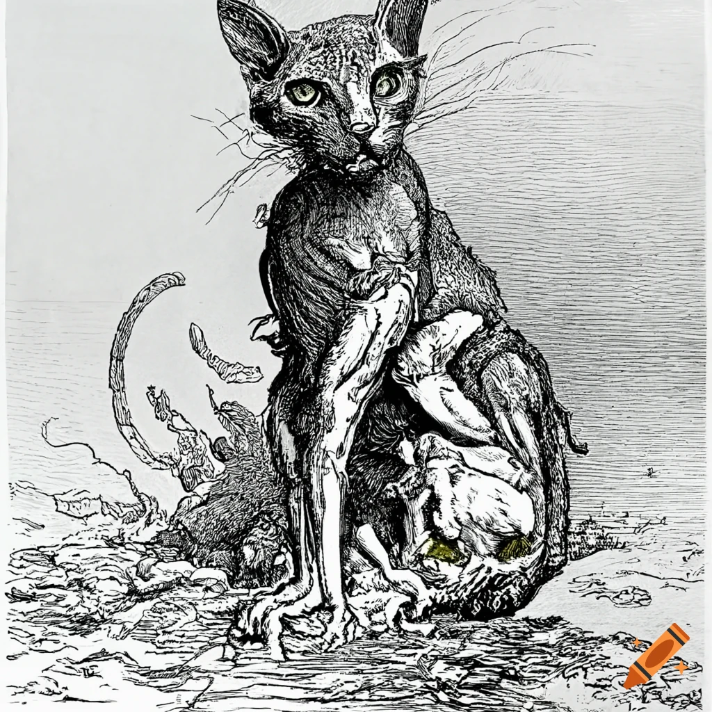 Illustration of a decaying cat crawling on Craiyon