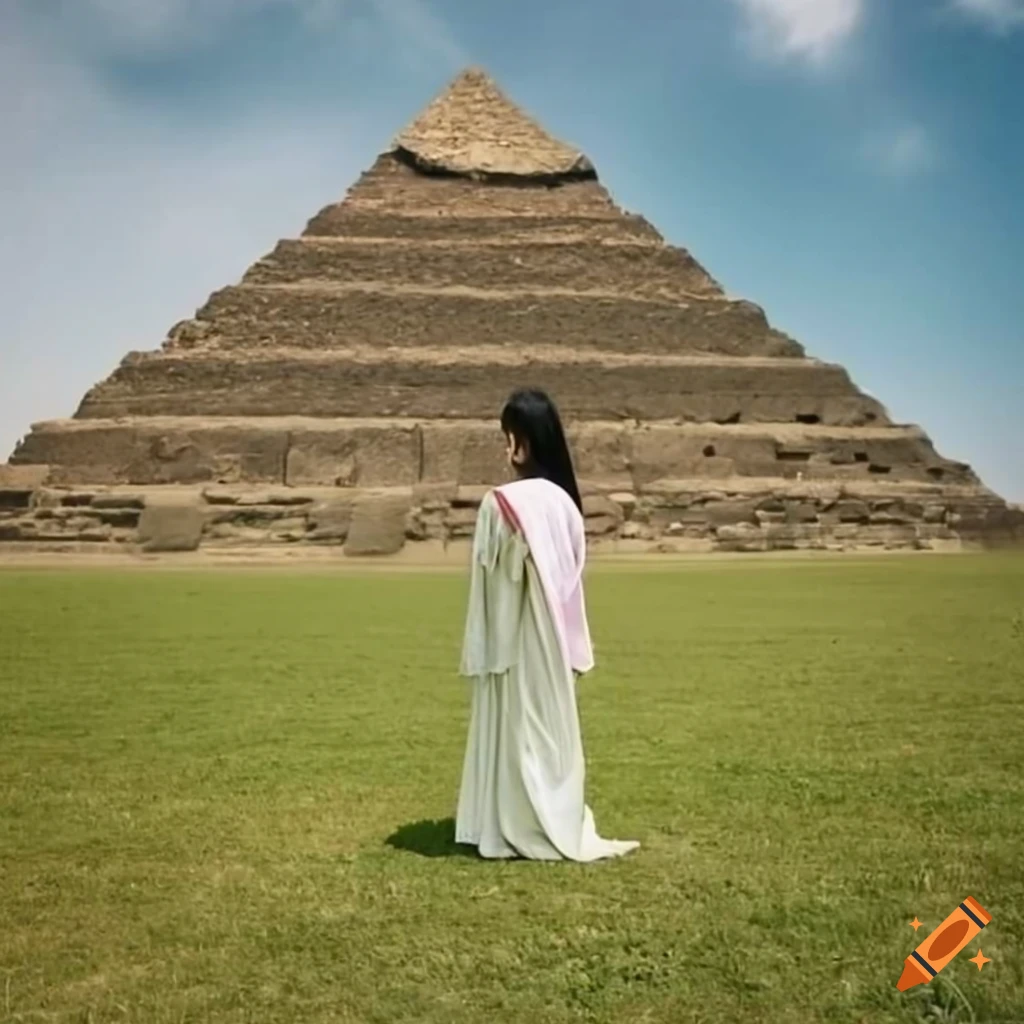 Japanese woman standing in front of the great pyramid on Craiyon