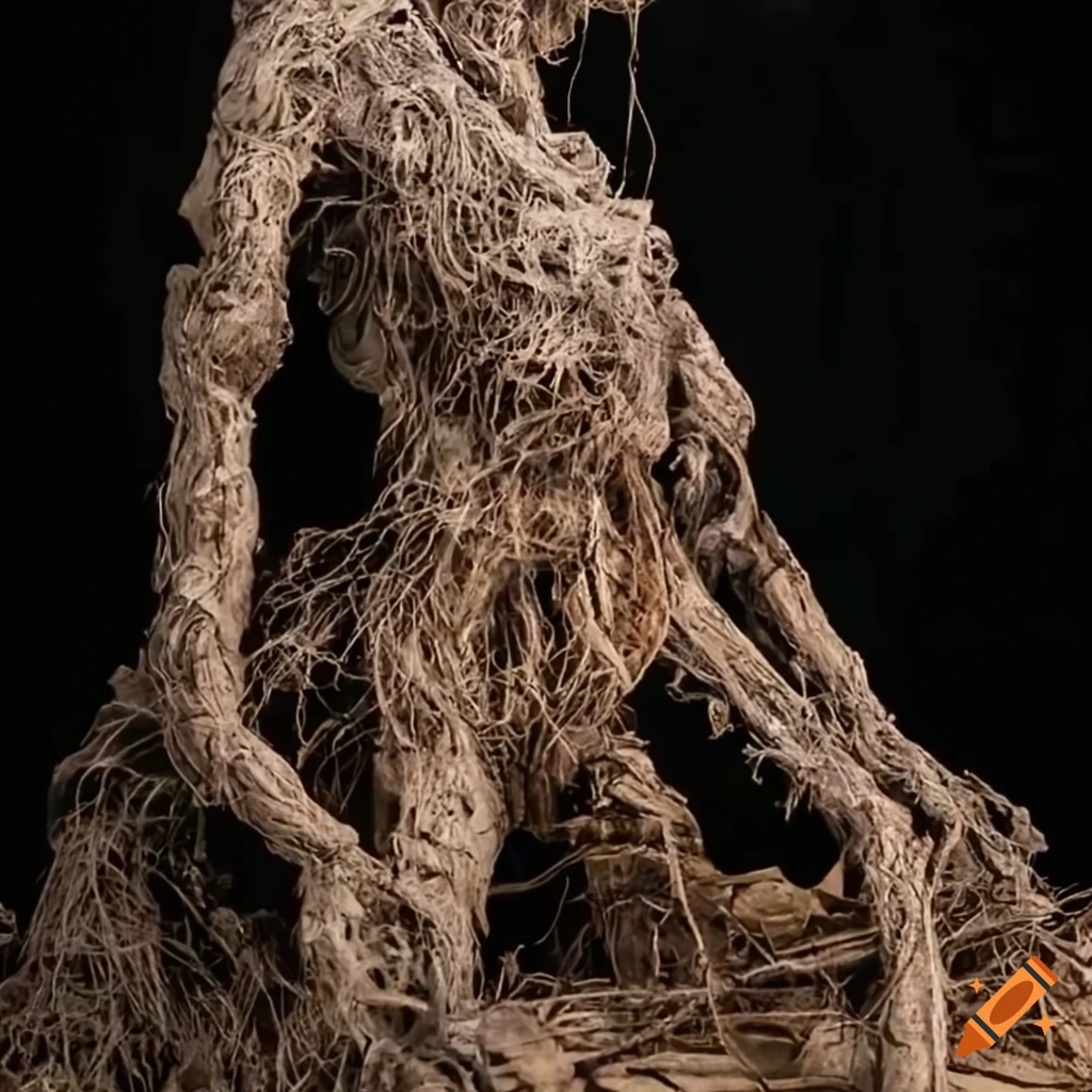 Sculpture of distorted figure caught in a web of junk on Craiyon