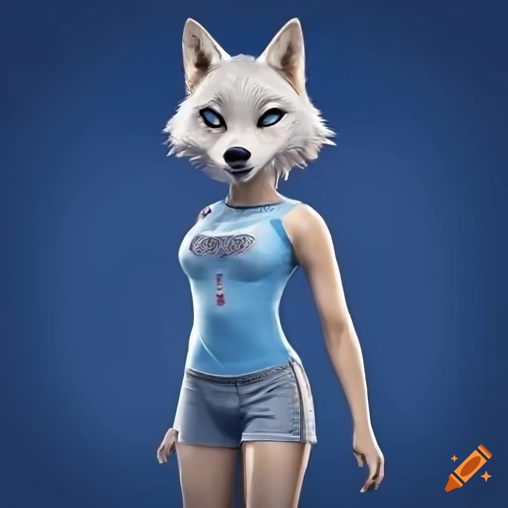 Artistic depiction of a female anthropomorphic gray wolf on Craiyon