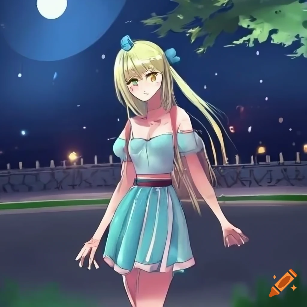 Waifu oc in summer attire at a nighttime park on Craiyon