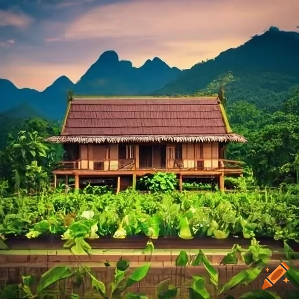 Khmer house with a vegetable garden and mountains in the backdrop on ...