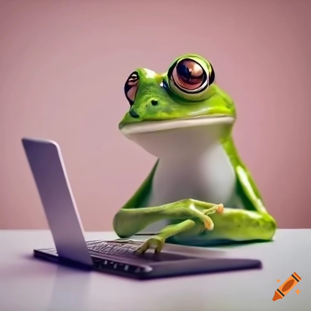 Frog working on a laptop in the office on Craiyon