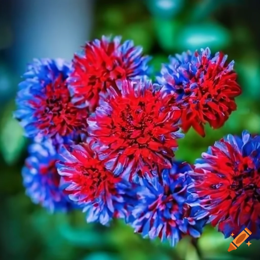Vibrant mix of red and blue flowers in a garden on Craiyon