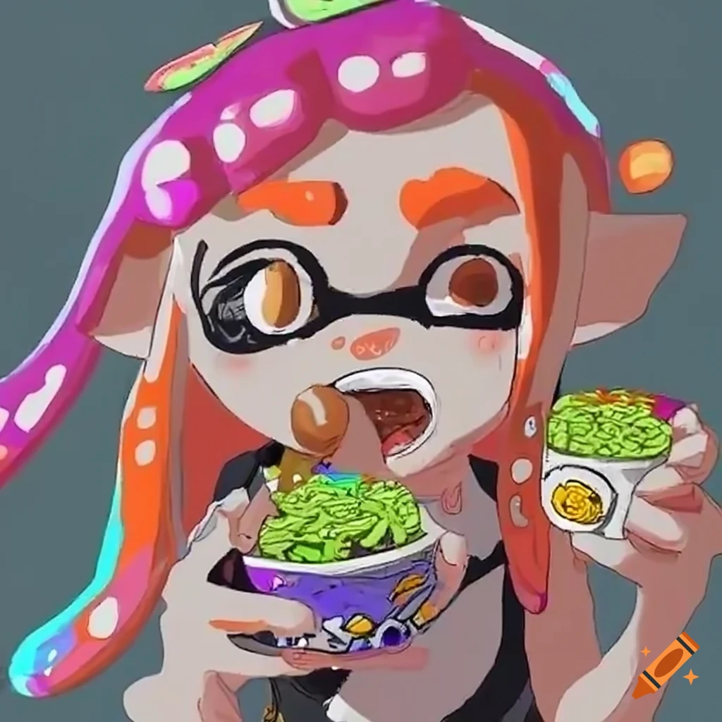 Splatoon inkling enjoying a bowl of ramen on Craiyon
