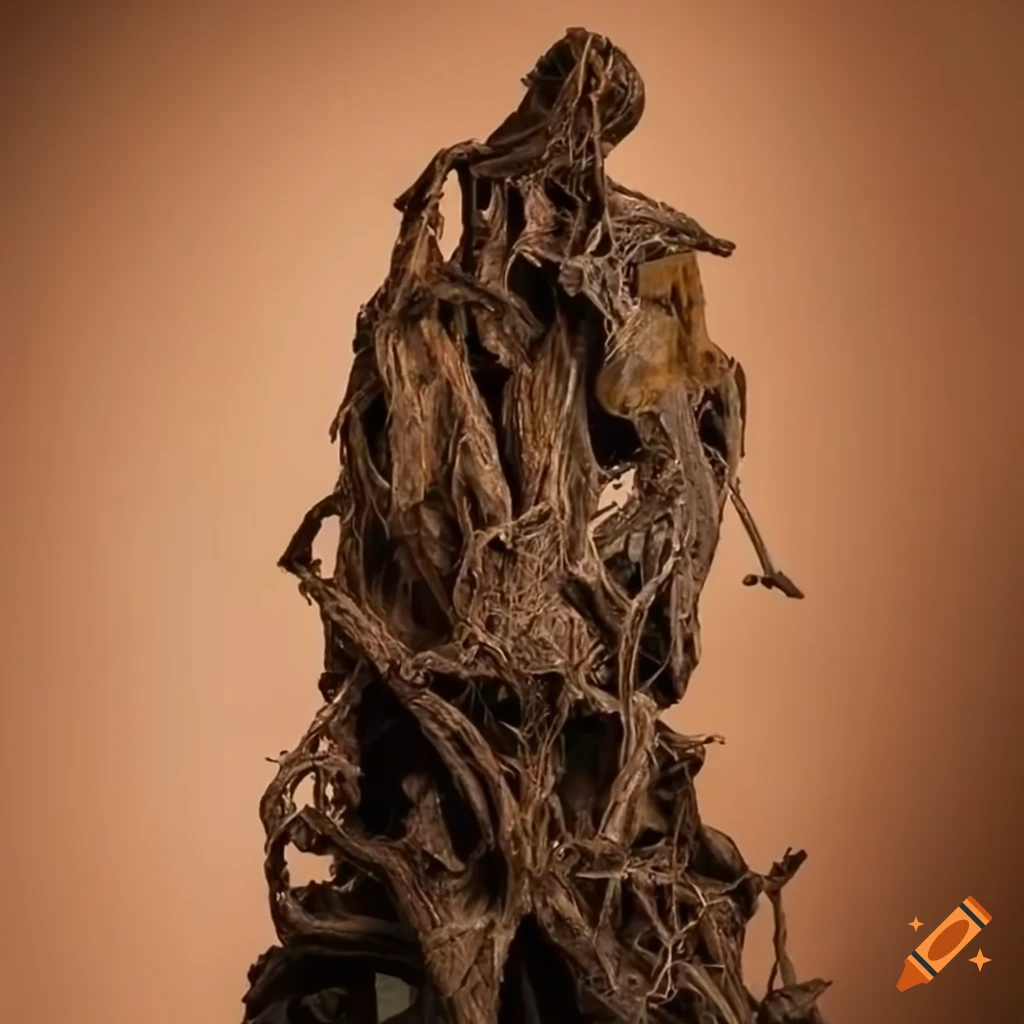 Close-up of a distorted figure caught in a web sculpture on Craiyon