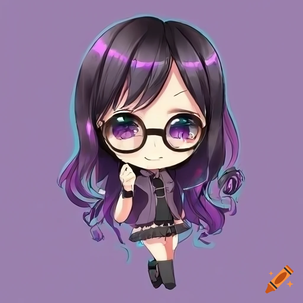 Smiling chibi anime girl with black glasses and purple highlights on ...