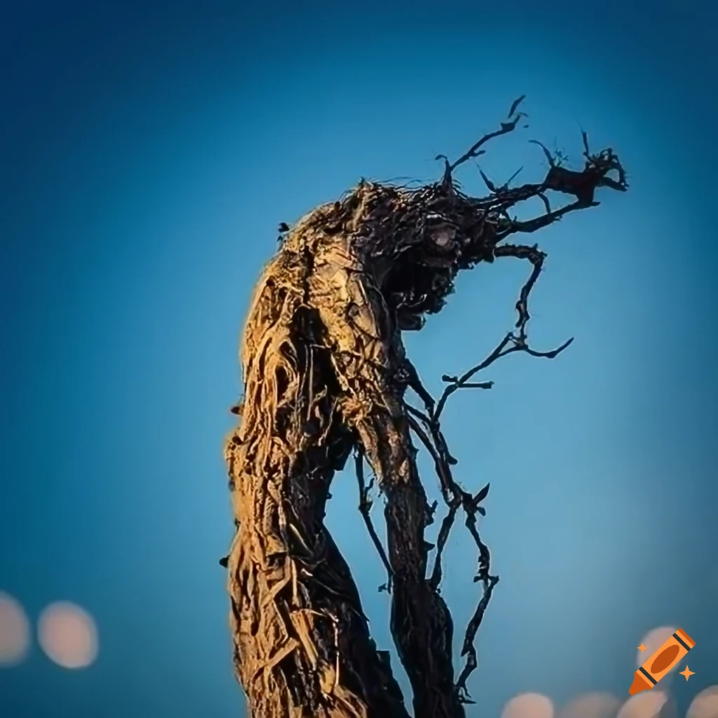 Dramatic sculpture made of branches in a destroyed landscape on Craiyon
