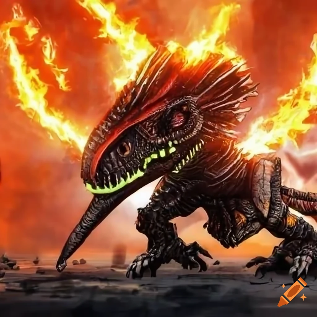 Highly detailed robotic velociraptor with flame throwers on Craiyon