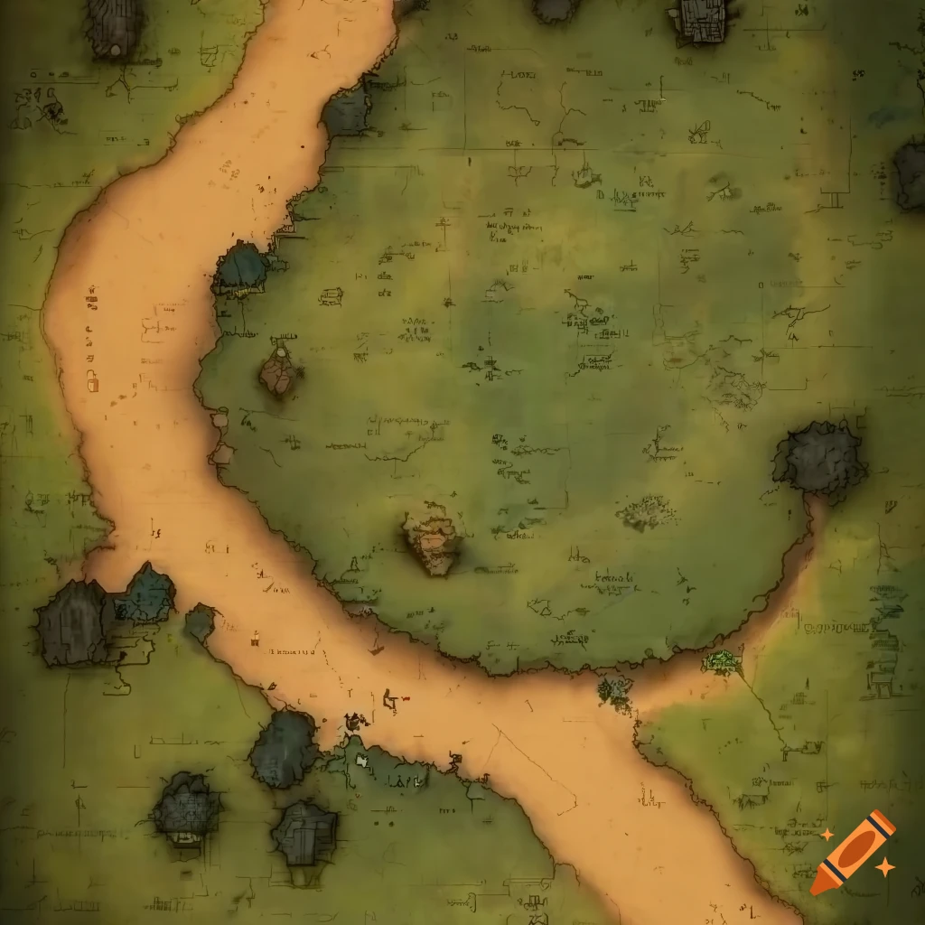 Rpg map of a field with trees and dirt pathway on Craiyon