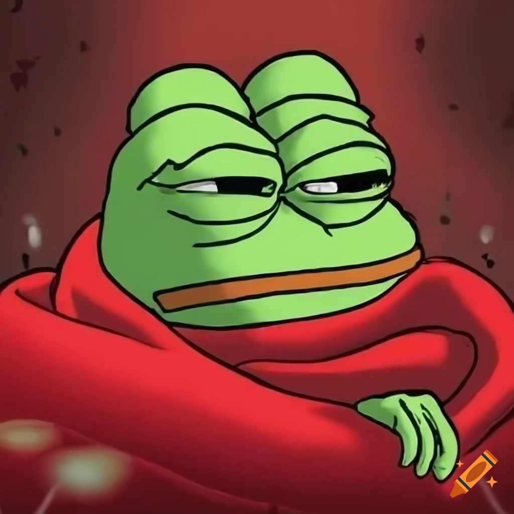 Cartoon character pepe sitting by the fire on Craiyon