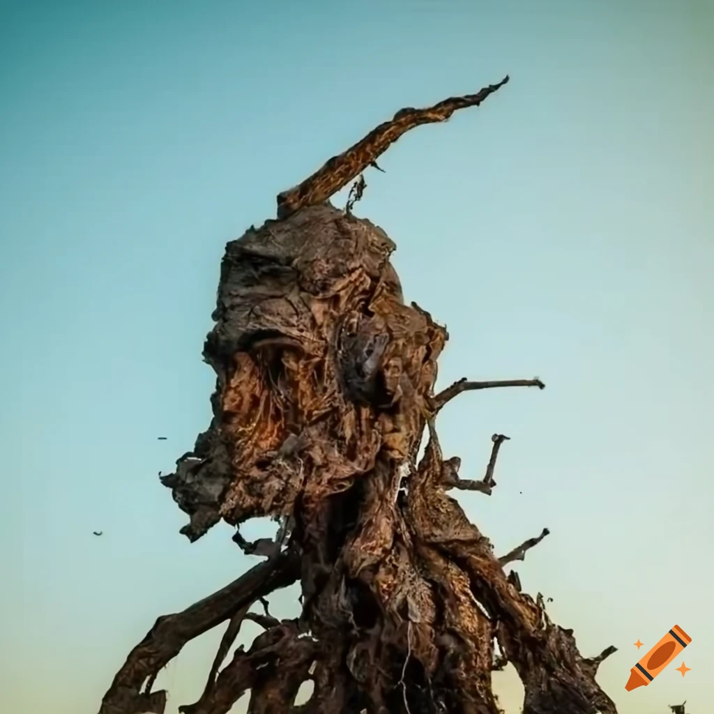 Dramatic sculpture made of branches in a destroyed landscape on Craiyon