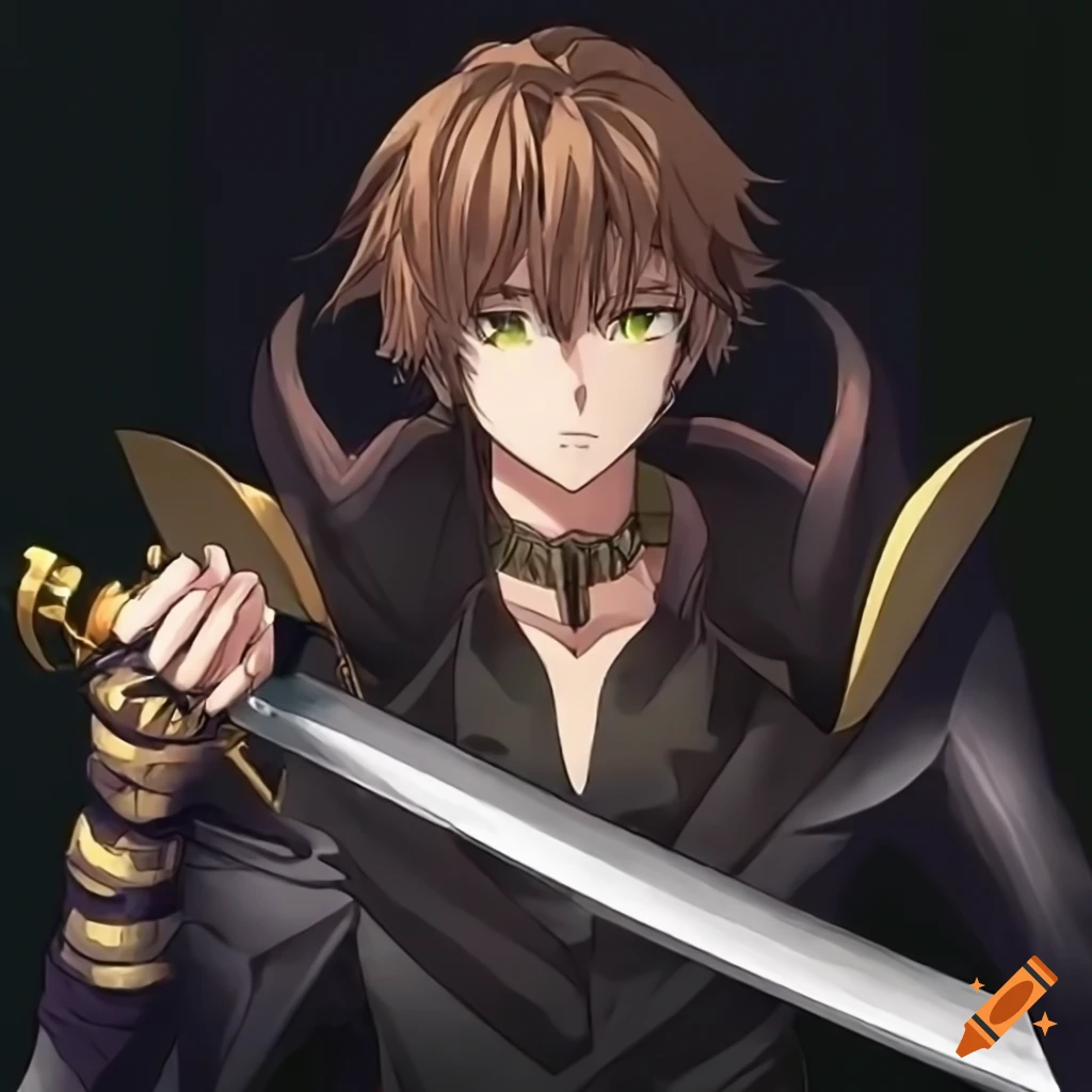 Anime character with brown hair and green eyes wielding a divine sword