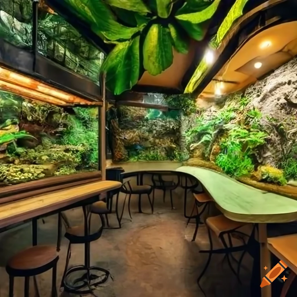 Vibrant cafe with live reptiles in vivariums on Craiyon