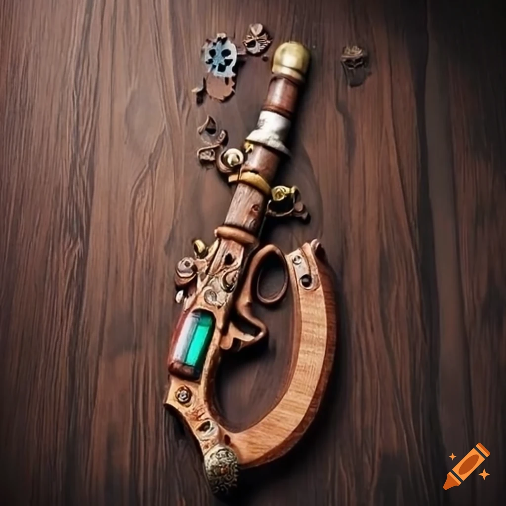 Wooden steampunk gun with glowing gems on Craiyon