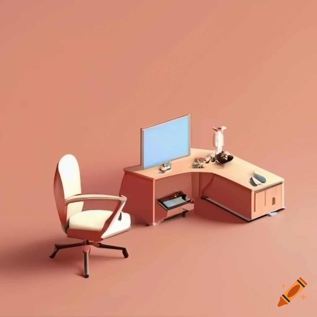 Peach-colored isometric office miniature room on Craiyon