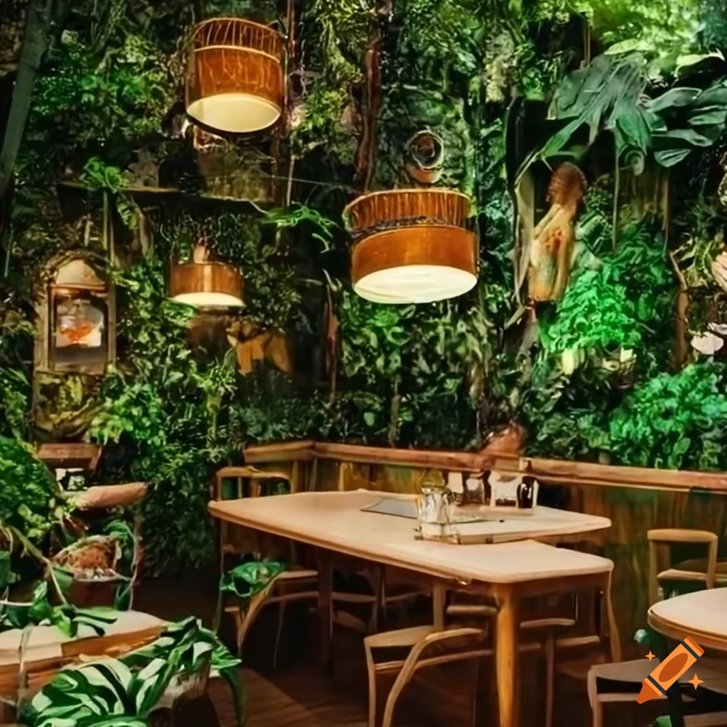 Jungle-themed cafe with snakes and frogs in display cages on Craiyon