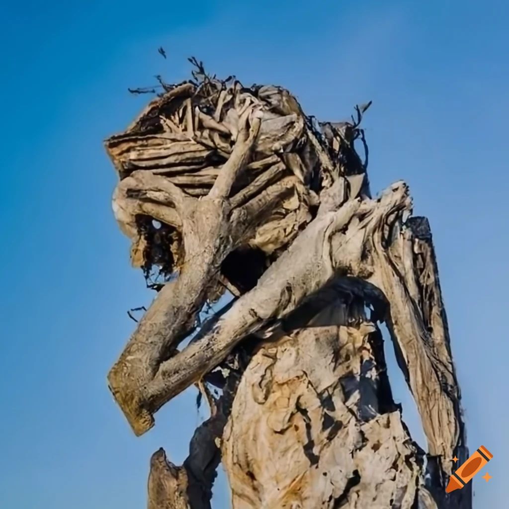 Close-up of a distorted figure caught in a web sculpture made of ...