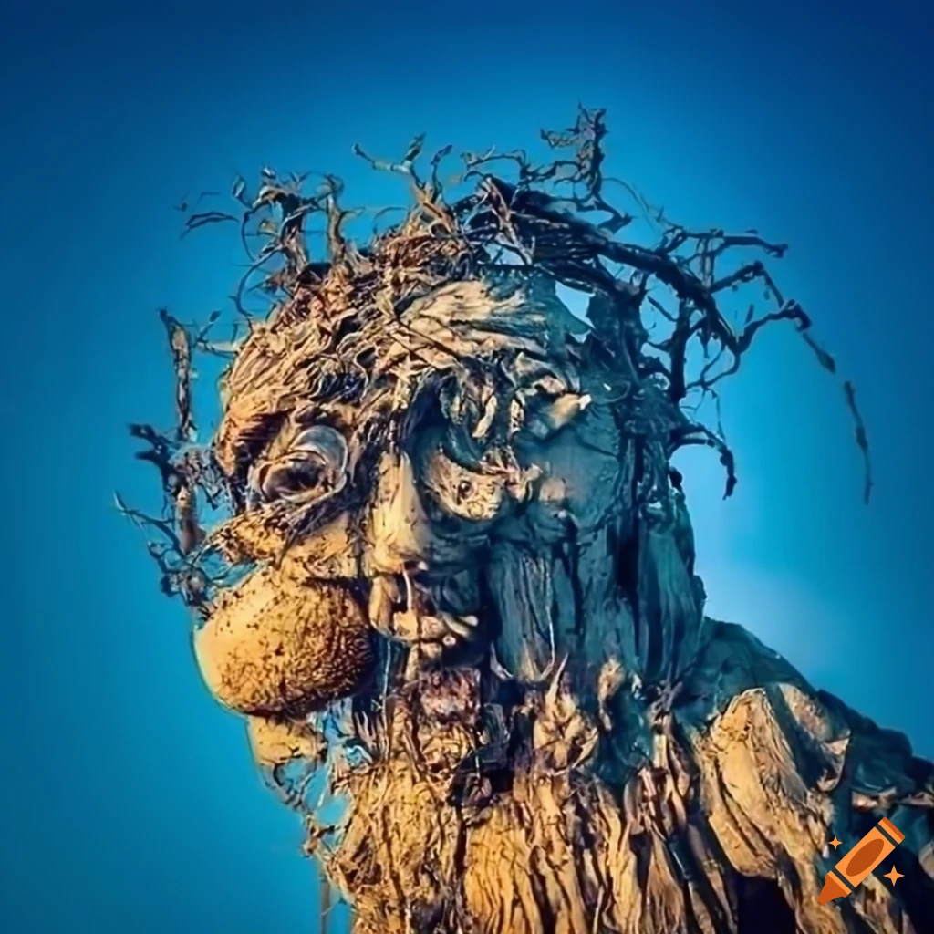 Close-up of a distorted figure in a sculpture made of branches and junk ...