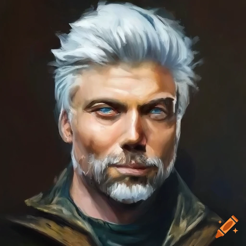 Portrait of a D&D bounty hunter with white hair and piercing blue eyes ...