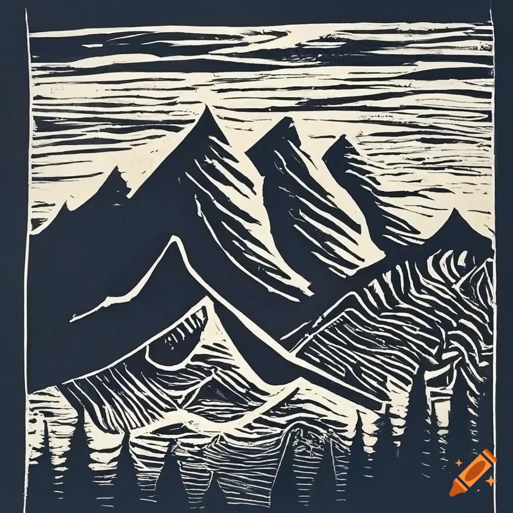 Linocut art of a train in mystical mountains on Craiyon