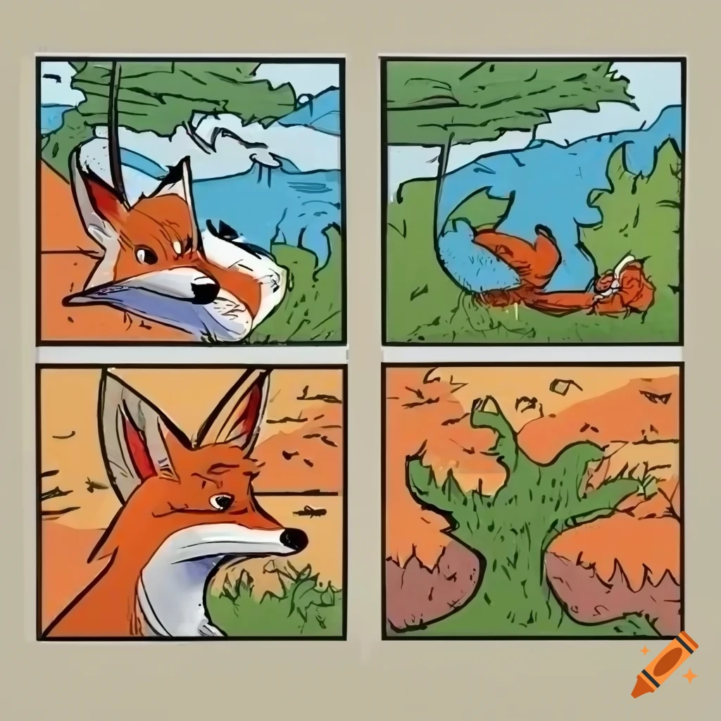 Colorful comic strip with fox adventures on Craiyon