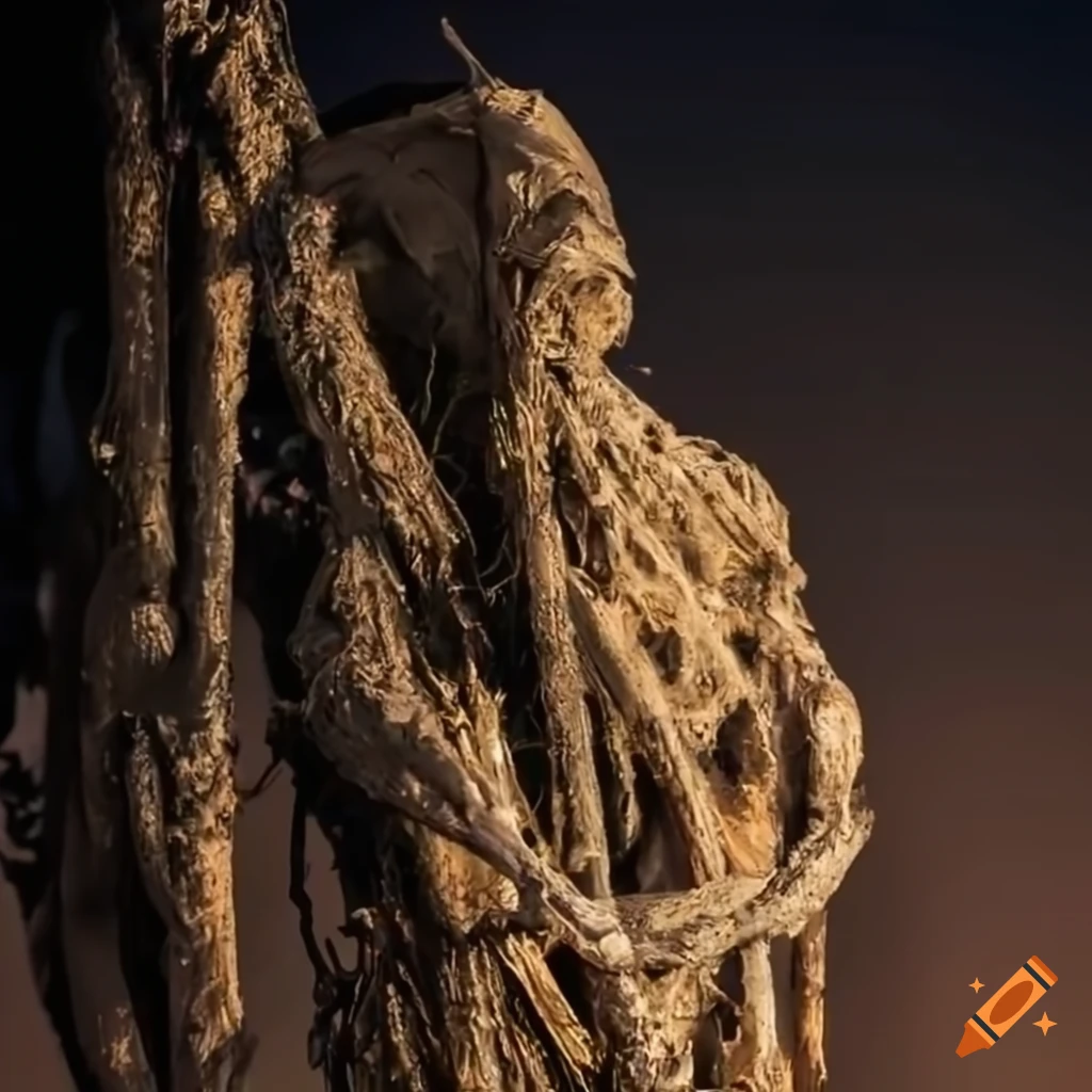 Close-up of a sculpture made of branches in a destroyed landscape on ...