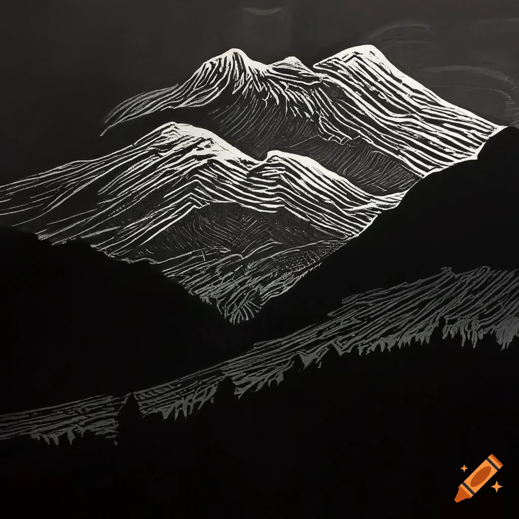 Linocut art of a train in mystical mountains on Craiyon