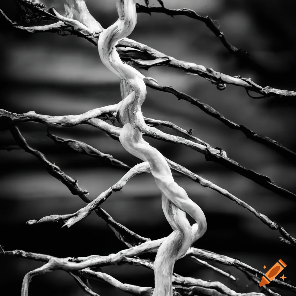 Black and white twisted tree branches with side lights on Craiyon