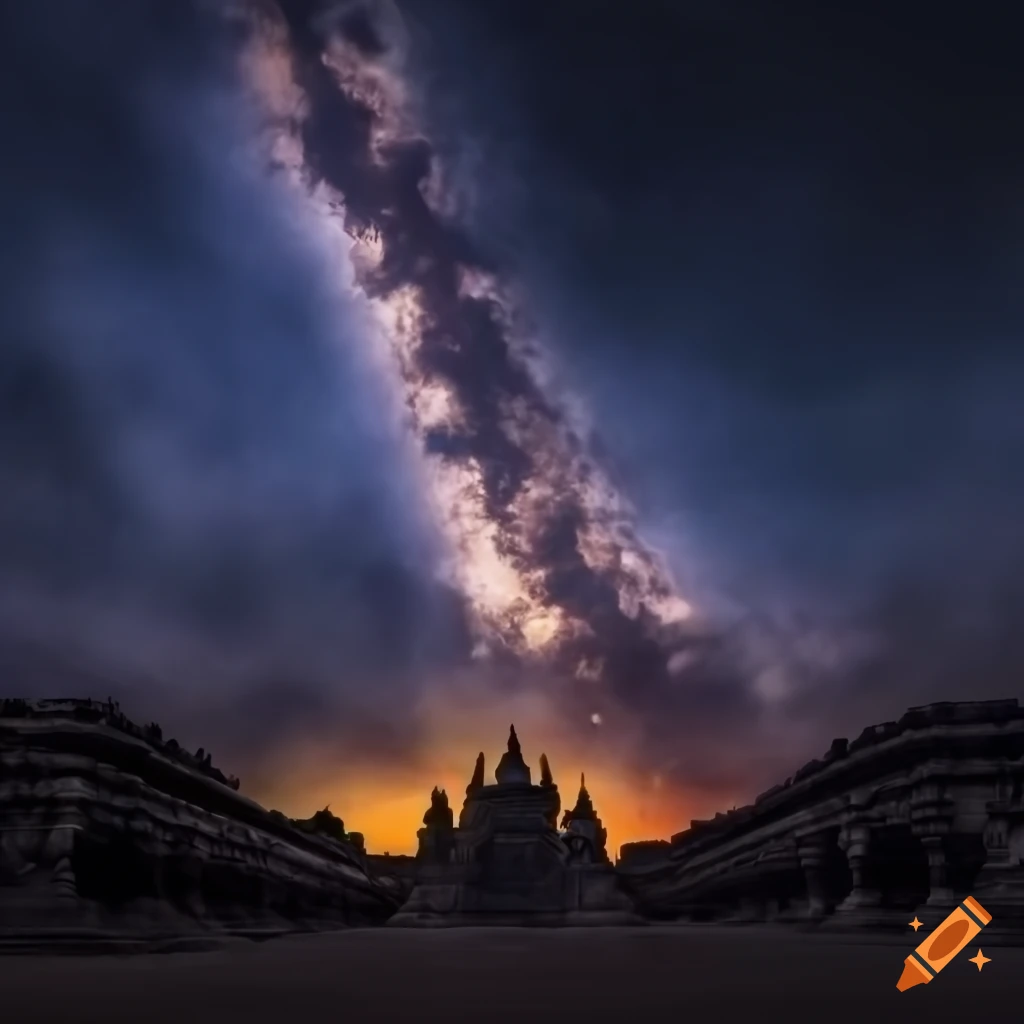 Painting of mythical creatures in a cloudy temple on Craiyon