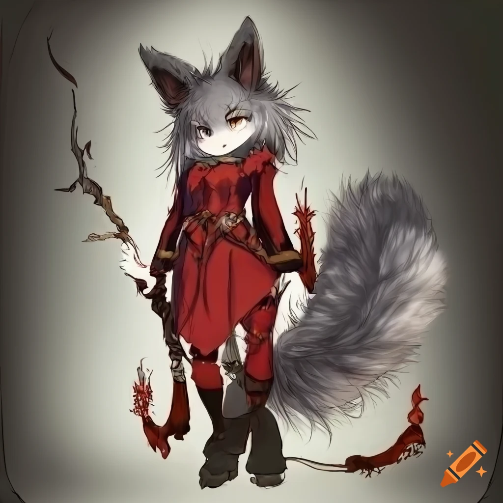 Anthropomorphic grey wolf in red mage outfit on Craiyon